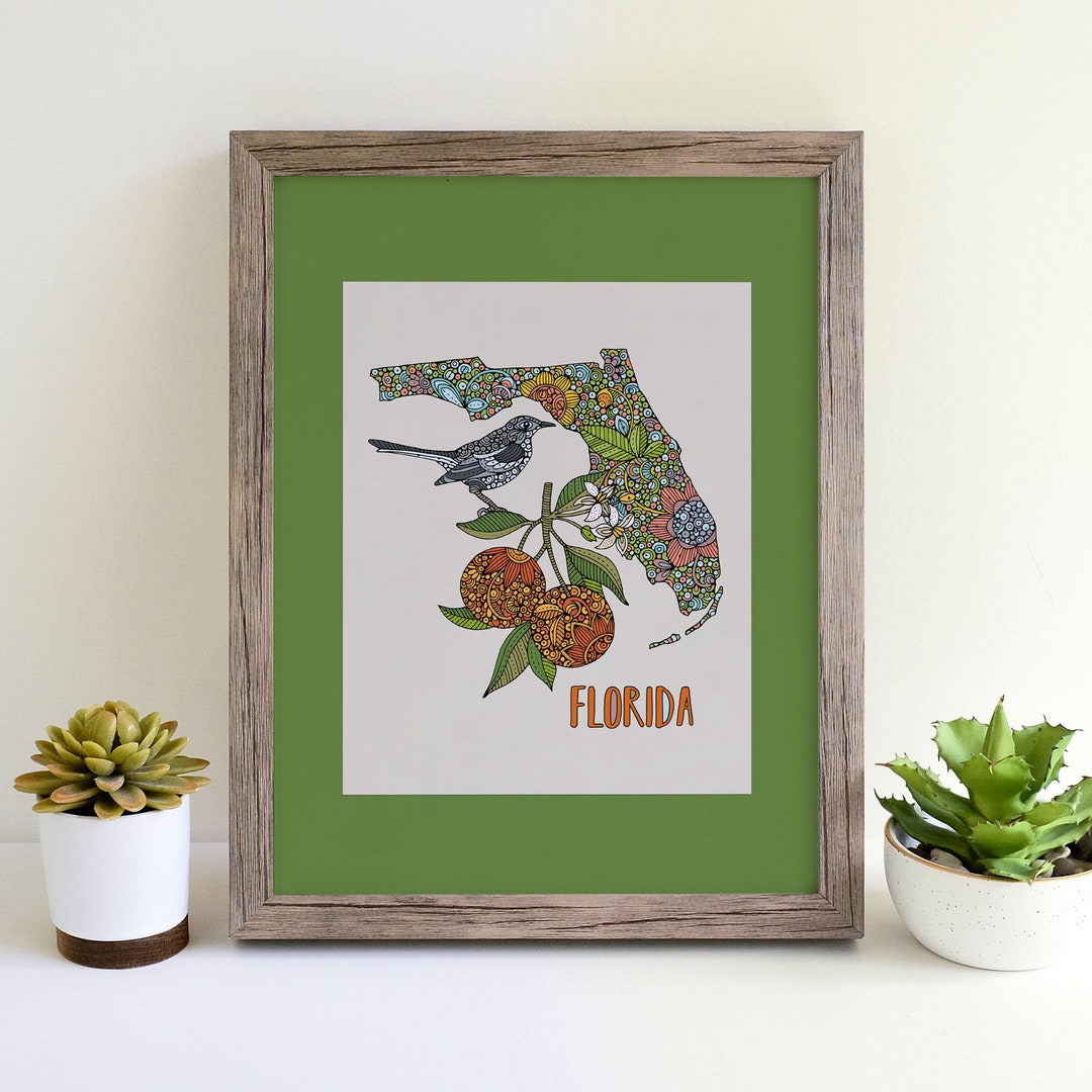 Florida State Map Art Print: Northern Mockingbird & Orange Blossom - Etsy