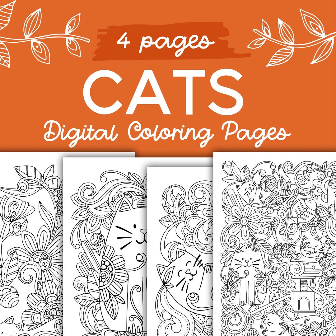 Cats!- 4 Coloring Pages, INSTANT DOWNLOAD Coloring Pages, Cute Cats ...