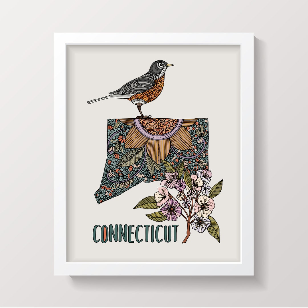 Connecticut State Map Art Print: Robin & Mountain Laurel Decor - Etsy