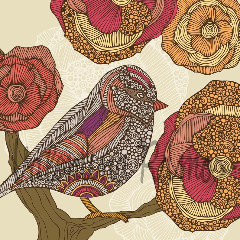Vera the Bird Art Print: Doodle Flowers Decor (8x10 Inches) - Etsy