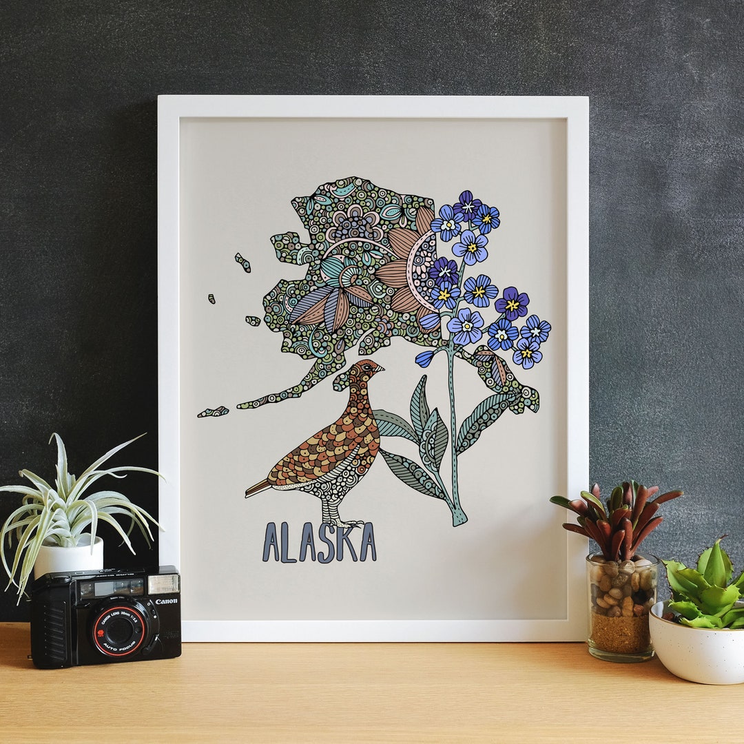 Alaska State Map - State Bird Willow Ptarmigan- State Flower Scorpion ...