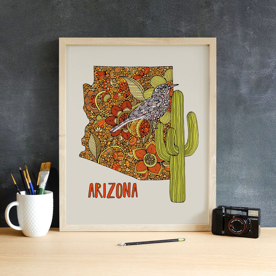 Arizona State Map - State Bird Cactus Wren- State Flower Saguaro- Wall ...