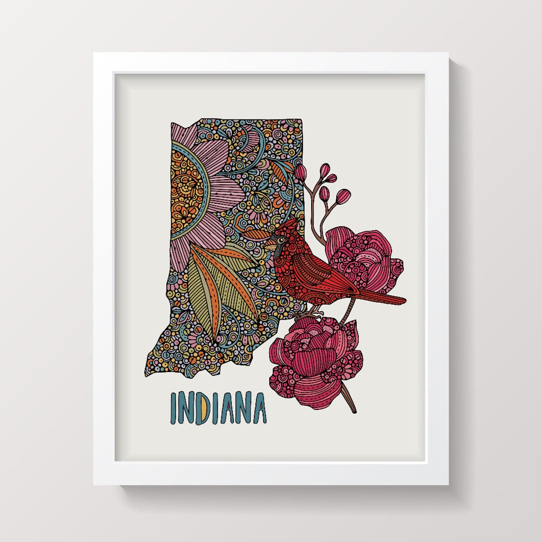 Indiana State Map - State Bird Cardinal - State Flower Peony- Wall Art ...