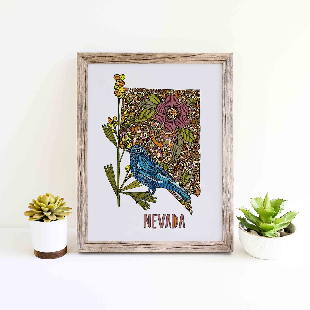 Nevada State Map - State Bird Mountain Bluebird - State Flower Big ...
