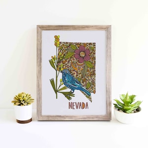 Nevada State Map - State Bird Mountain Bluebird - State Flower Big ...