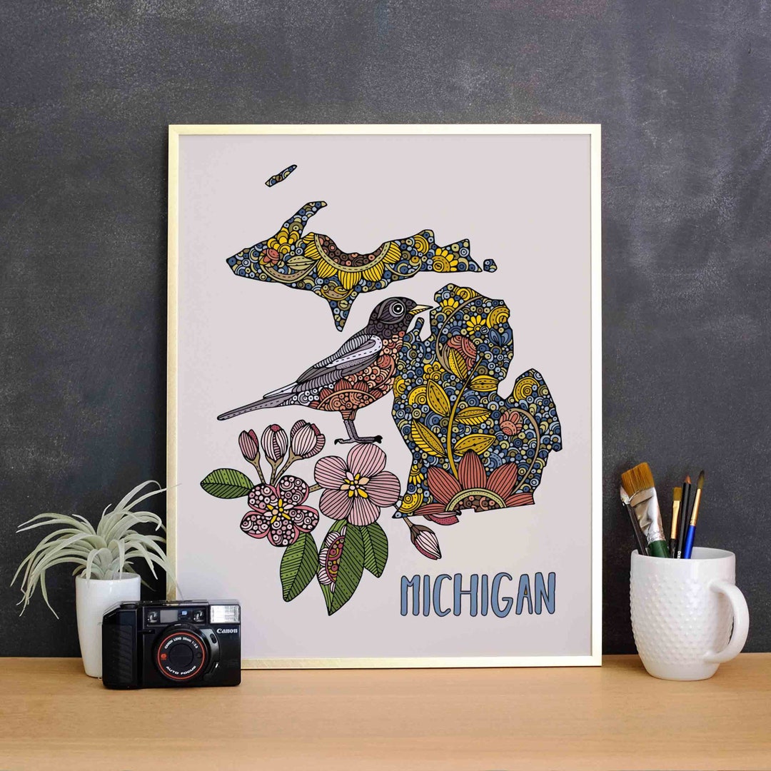 Michigan State Map Art Print: Robin & Apple Blossom Illustration - Etsy