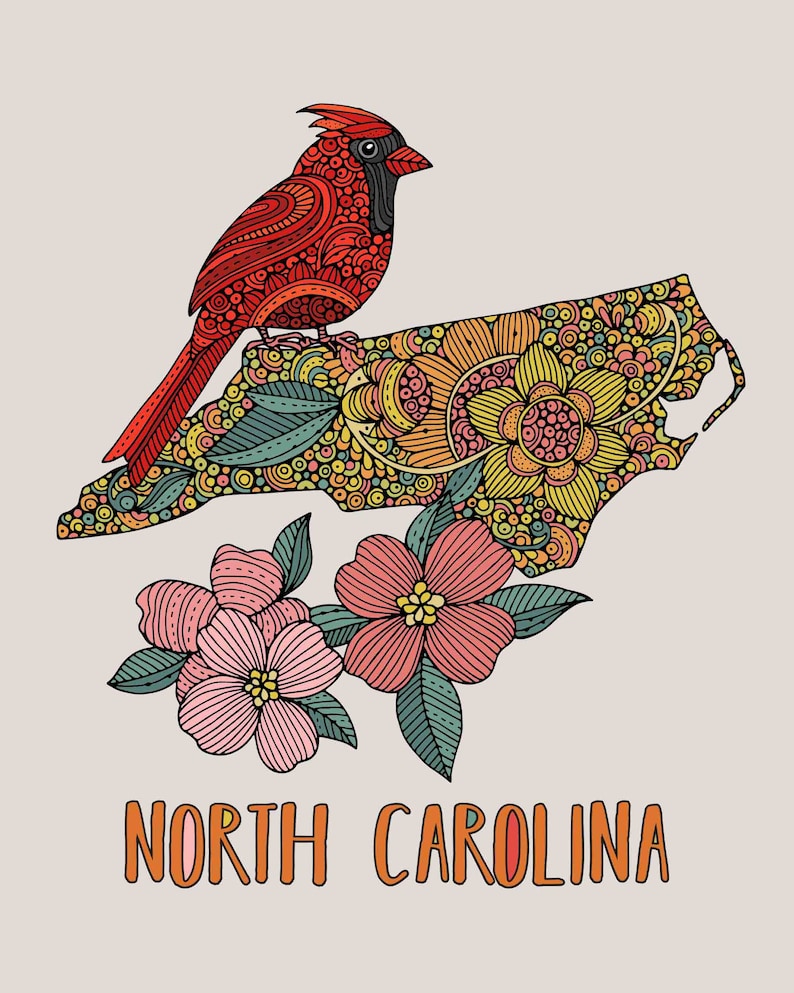 North Carolina State Map State Bird Cardinal State Flower | Etsy