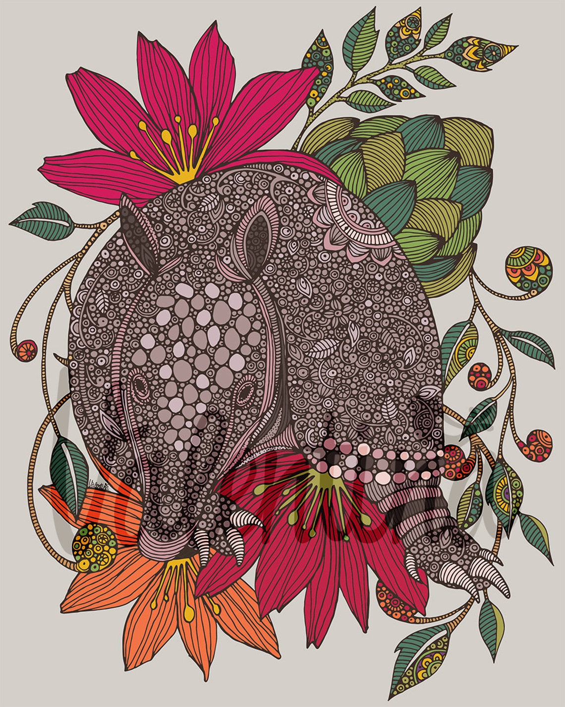 Milo the armadillo Decor Room decor Flowers Doodle Art | Etsy