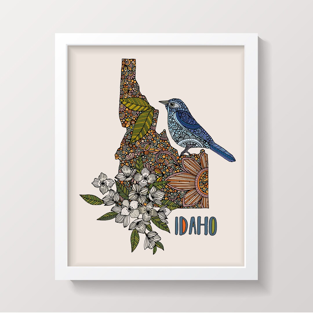 Idaho State Map Art Print: Mountain Bluebird & Syringa Flower - Etsy