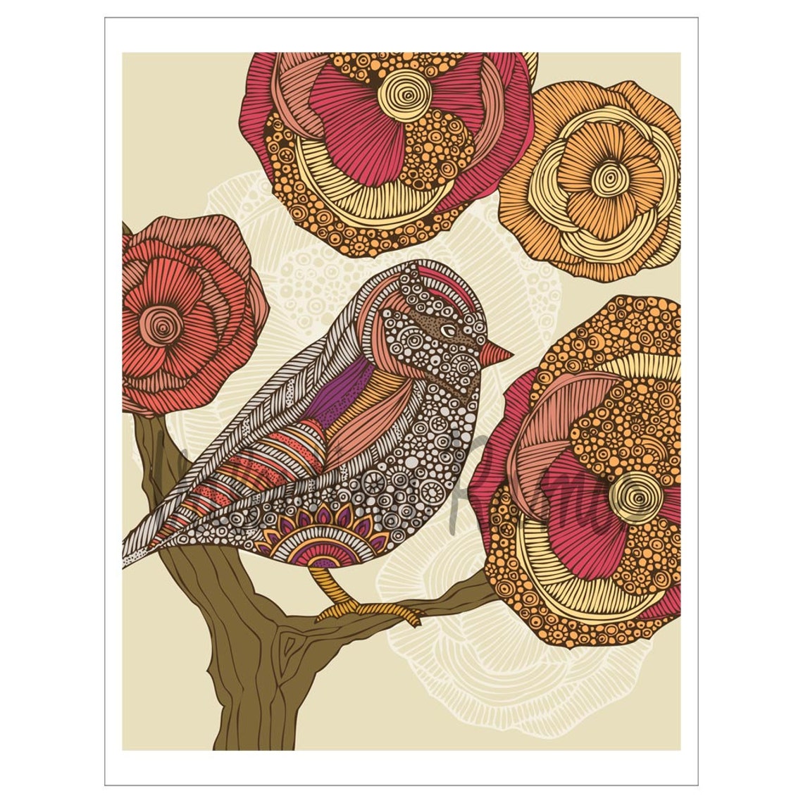 Vera the Bird Art Print: Doodle Flowers Decor (8x10 Inches) - Etsy