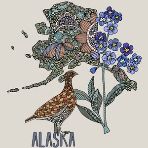 Alaska State Map - State Bird Willow Ptarmigan- State Flower Scorpion ...