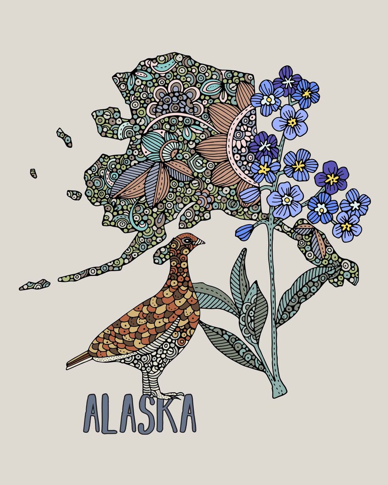 Alaska State Map State Bird Willow Ptarmigan State Flower | Etsy