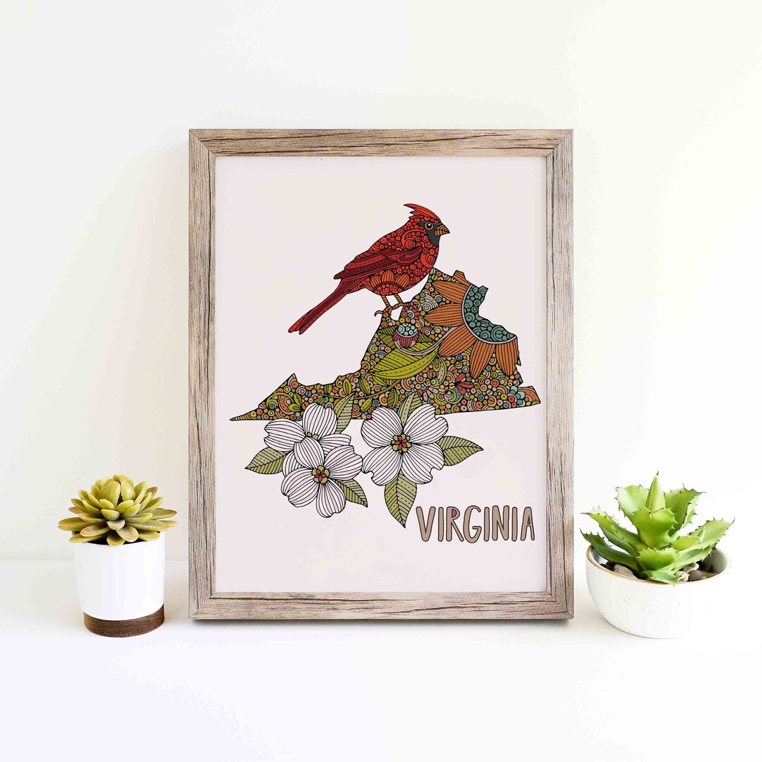 Virginia State Map - State Bird Cardinal - State Flower Flowering ...