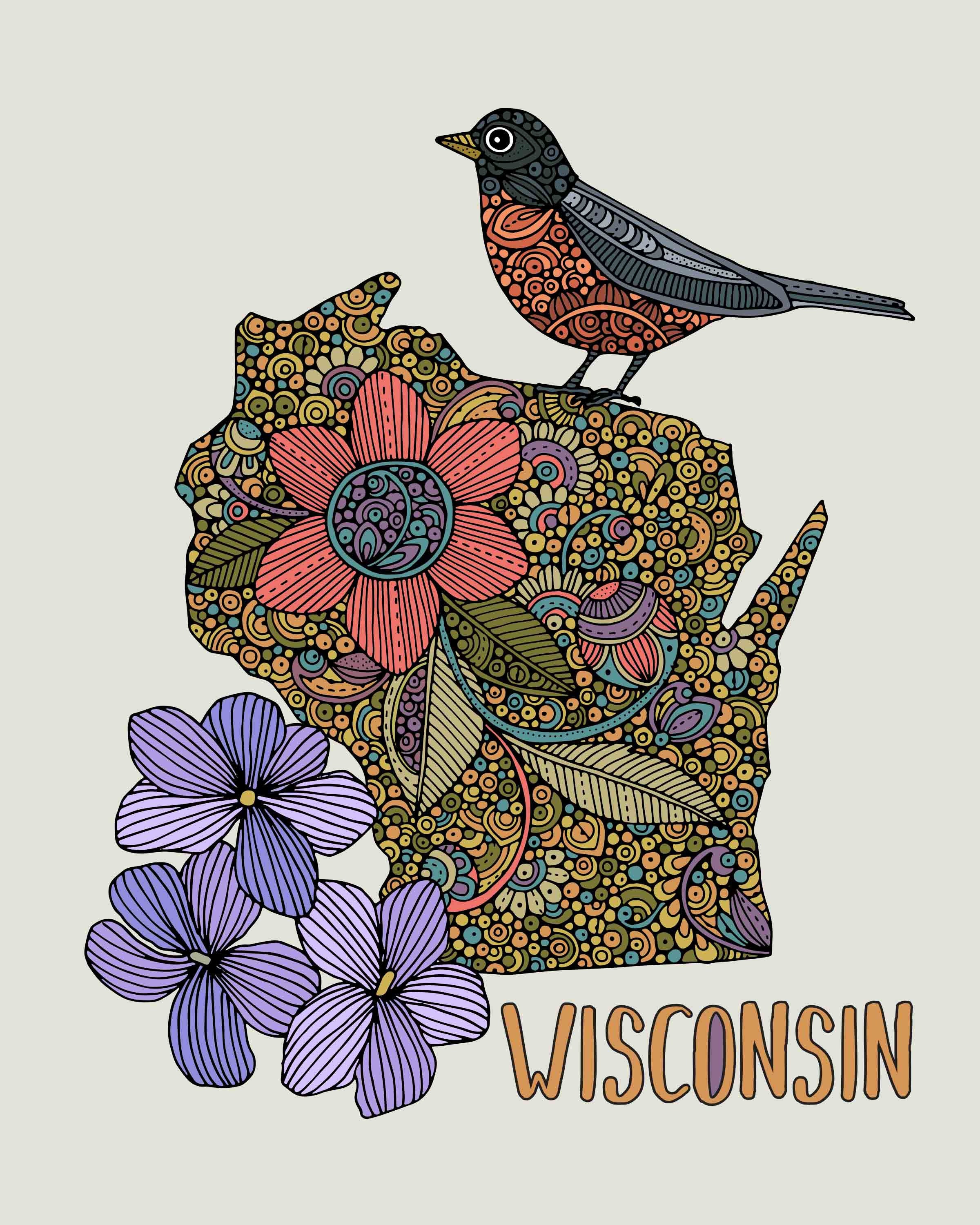 Wisconsin State Map State Bird American robin State Flower | Etsy