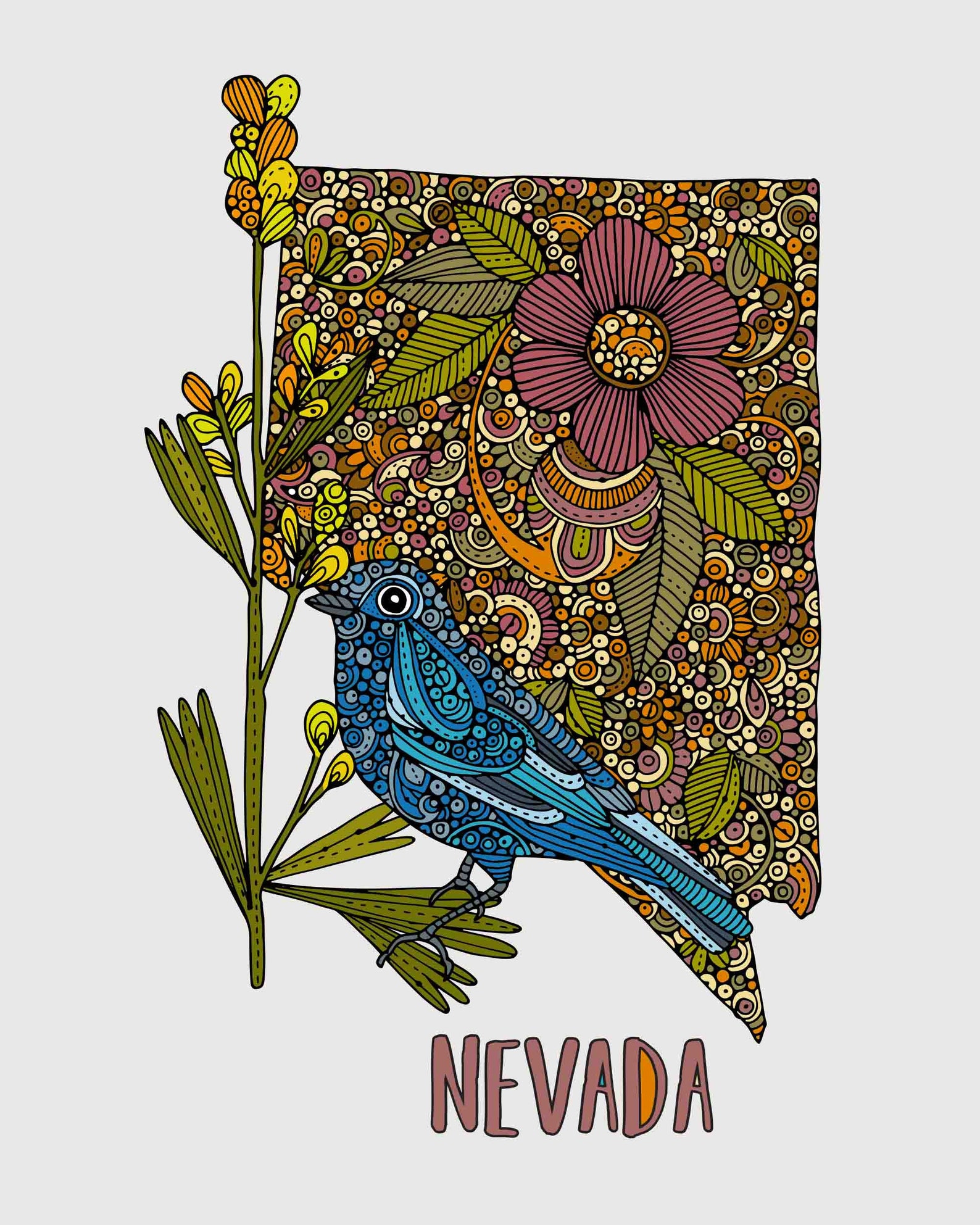 Nevada State Map State Bird Mountain bluebird State Flower | Etsy