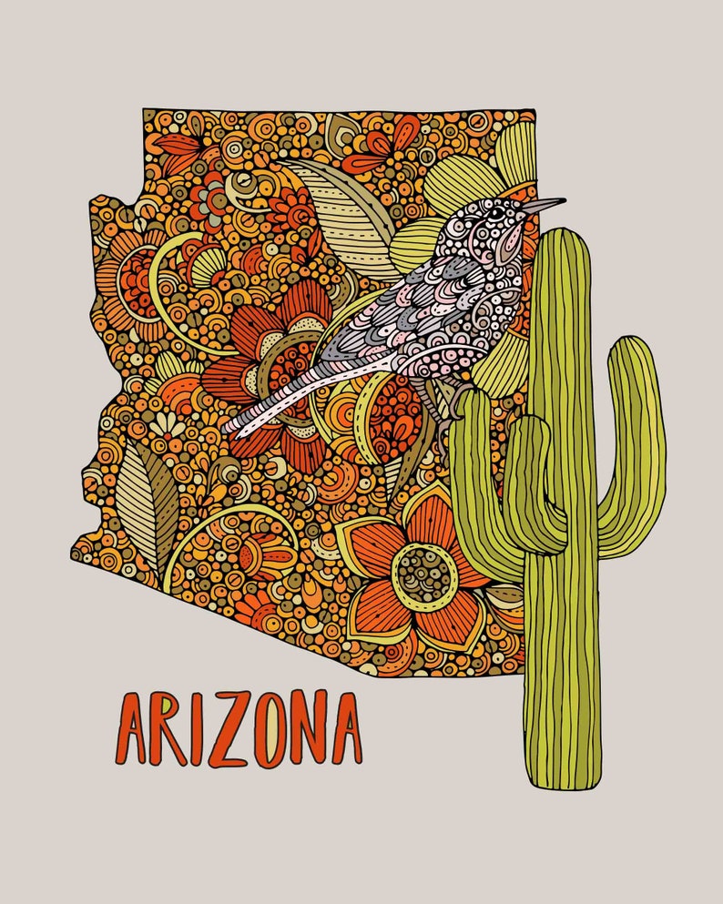 Arizona State Map - State Bird Cactus Wren- State Flower Saguaro- Wall ...