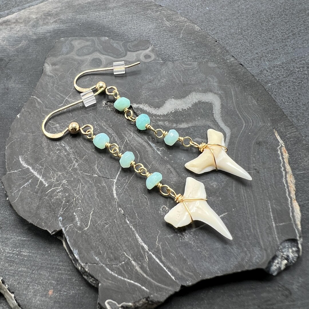 Manō - Shark's Tooth, Peruvian Blue Opal and 14k Gold Filled Earrings ...