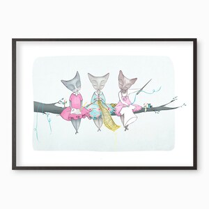 Cat Ladies Illustration draw No Evil, Knit No Evil, Sew No Evil Giclee ...