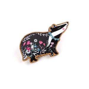 Badger Brooch - Printed Hand Varnished Cherry Wood Floral Badger Pin ...