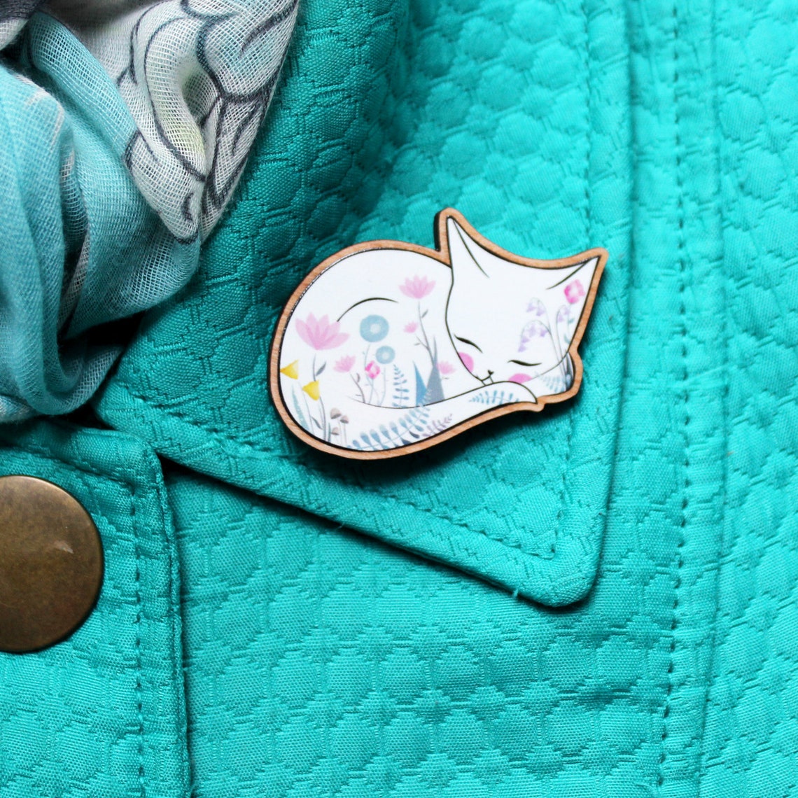 Cat Brooch Printed Hand Varnished Cherry Wood Floral Cat Pin - Etsy