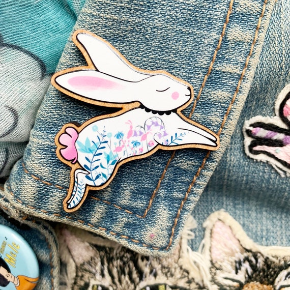 Rabbit Brooch Printed Gloss Varnished Wooden Pin Chunky - Etsy