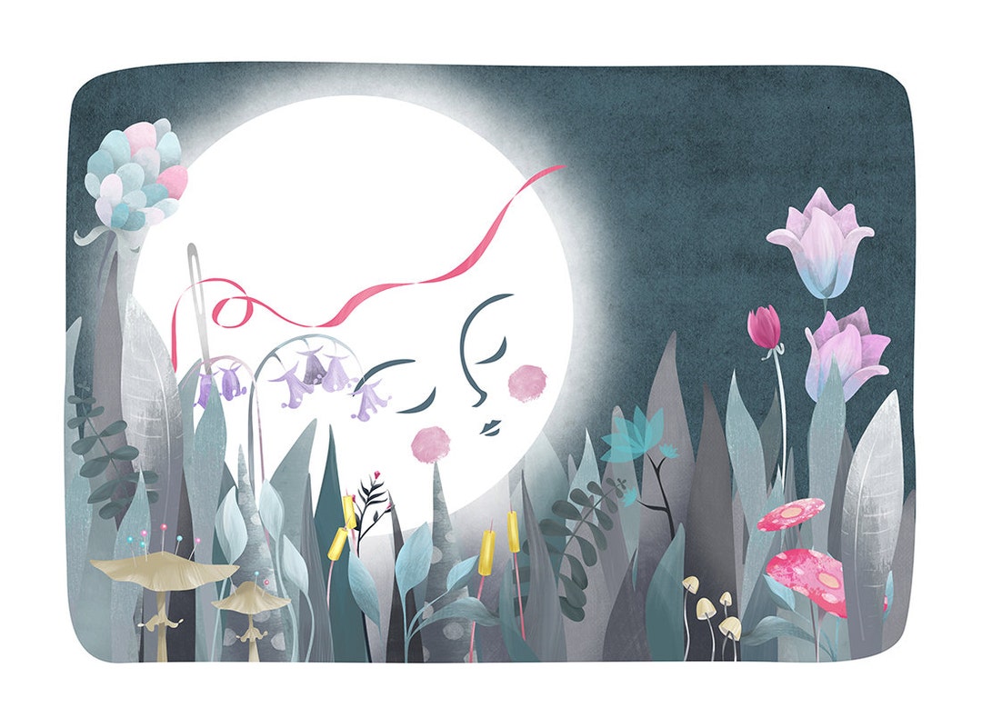 Moon Flowers Art Print Illustration Drawing Moon Moonface Flowers ...