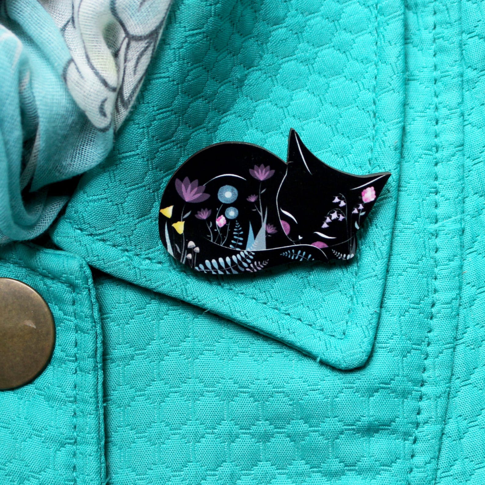 Cat Brooch Printed Hand Varnished Cherry Wood Floral Cat Pin - Etsy