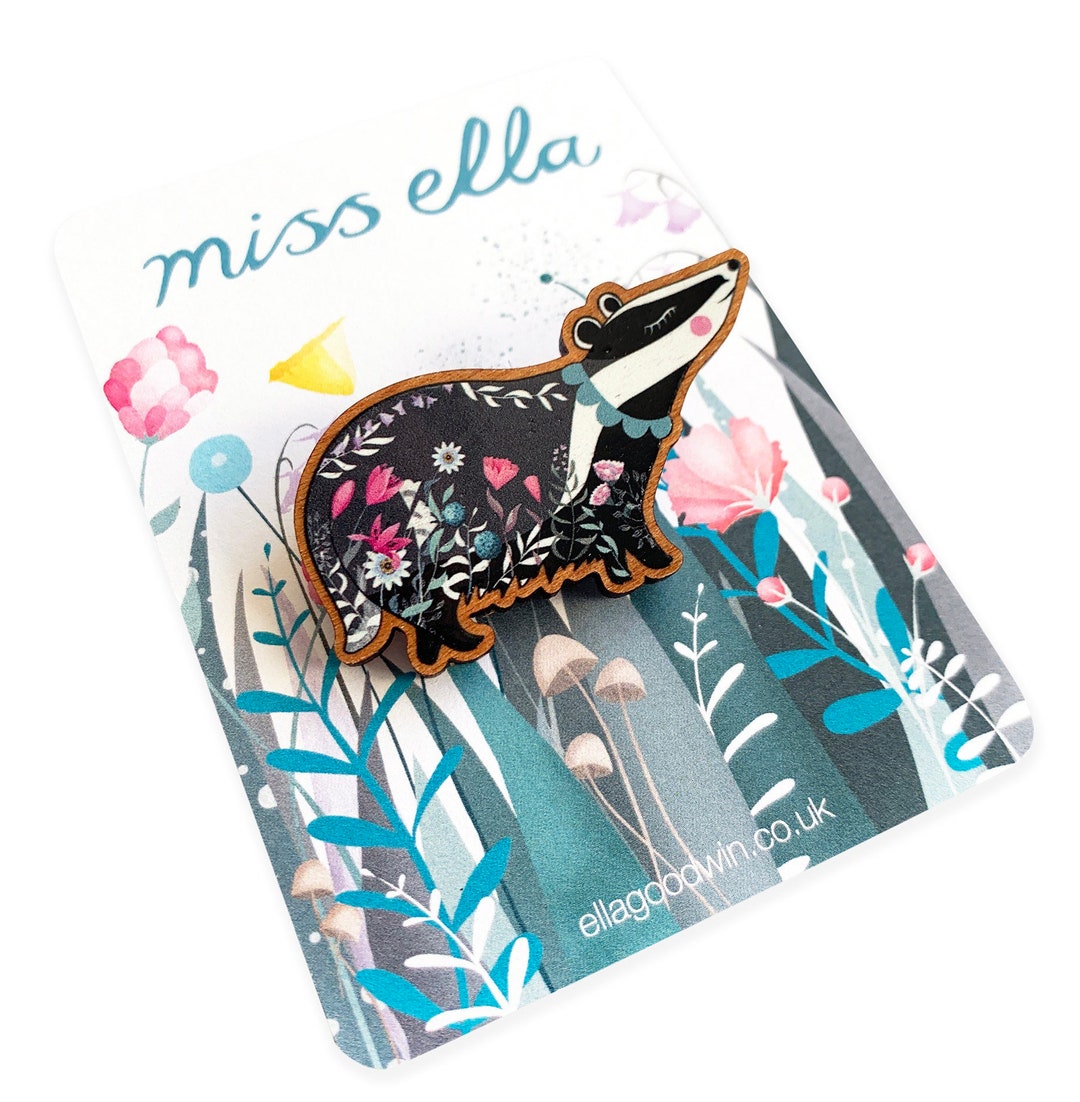 Badger Brooch Printed Hand Varnished Cherry Wood Floral - Etsy UK