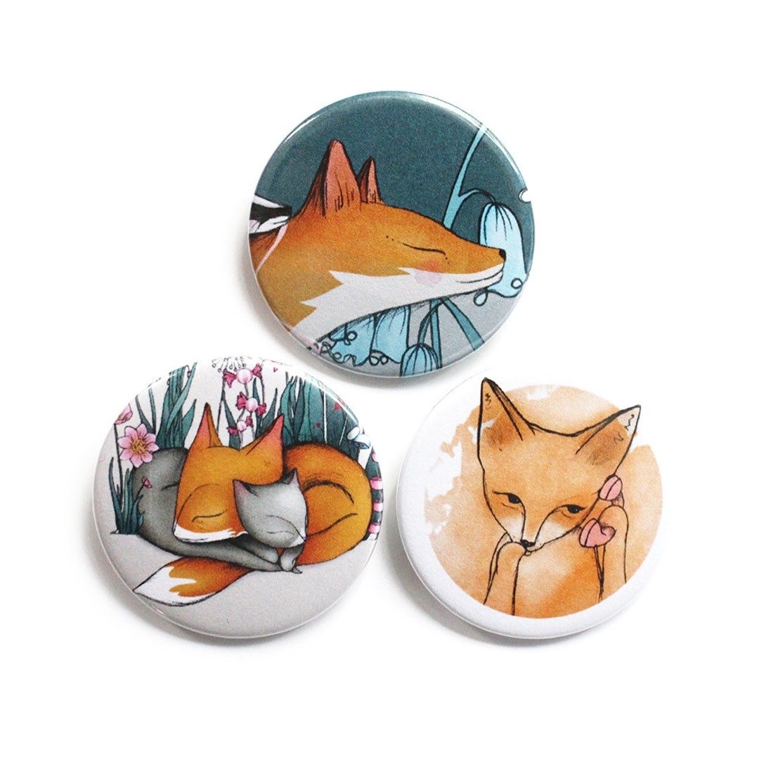 Fox Badges Pins Buttons Fridge Magnets - Set of Three Foxes - Moshi ...