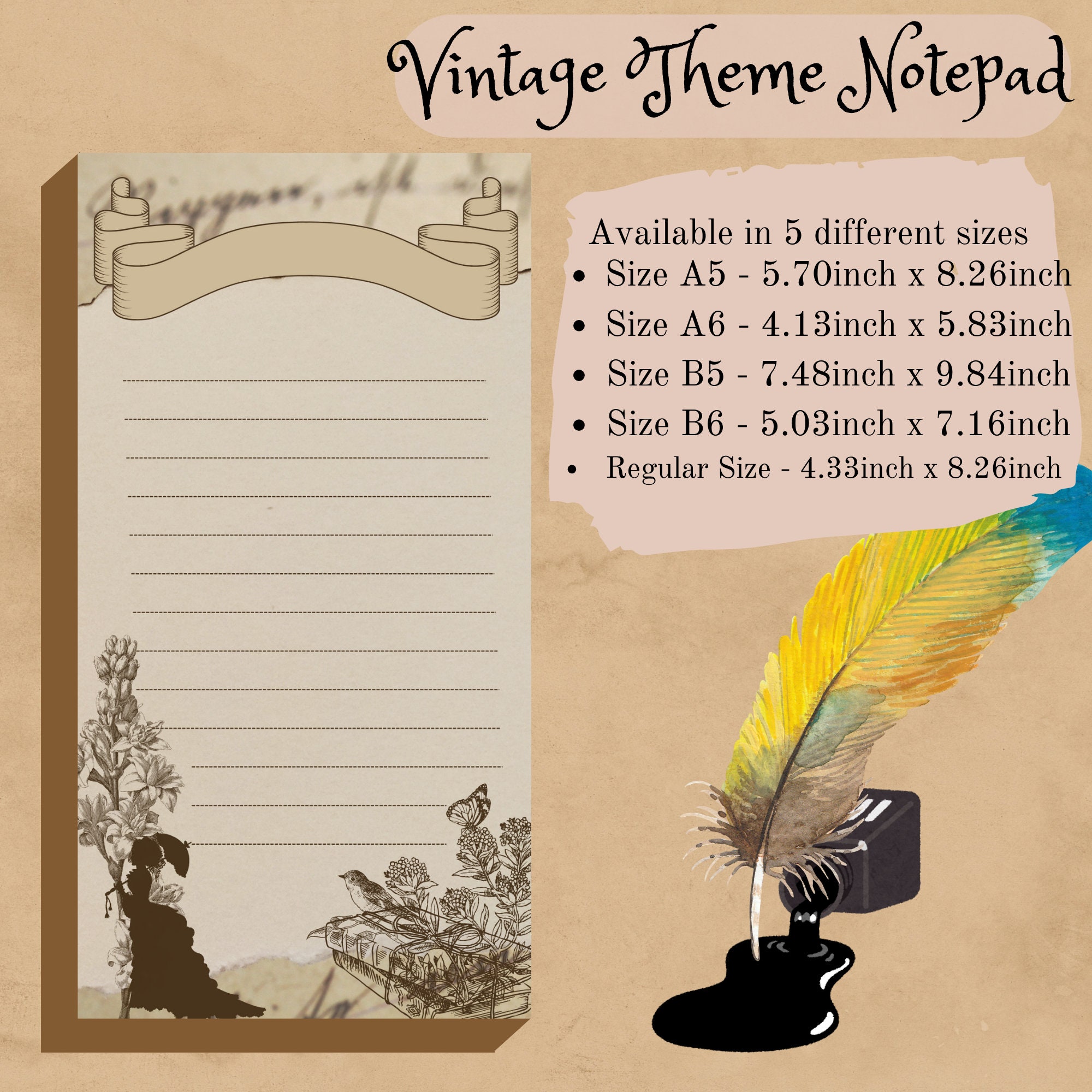 Vintage Theme Printable Notepad Template Available in 5 Sizes Instant ...