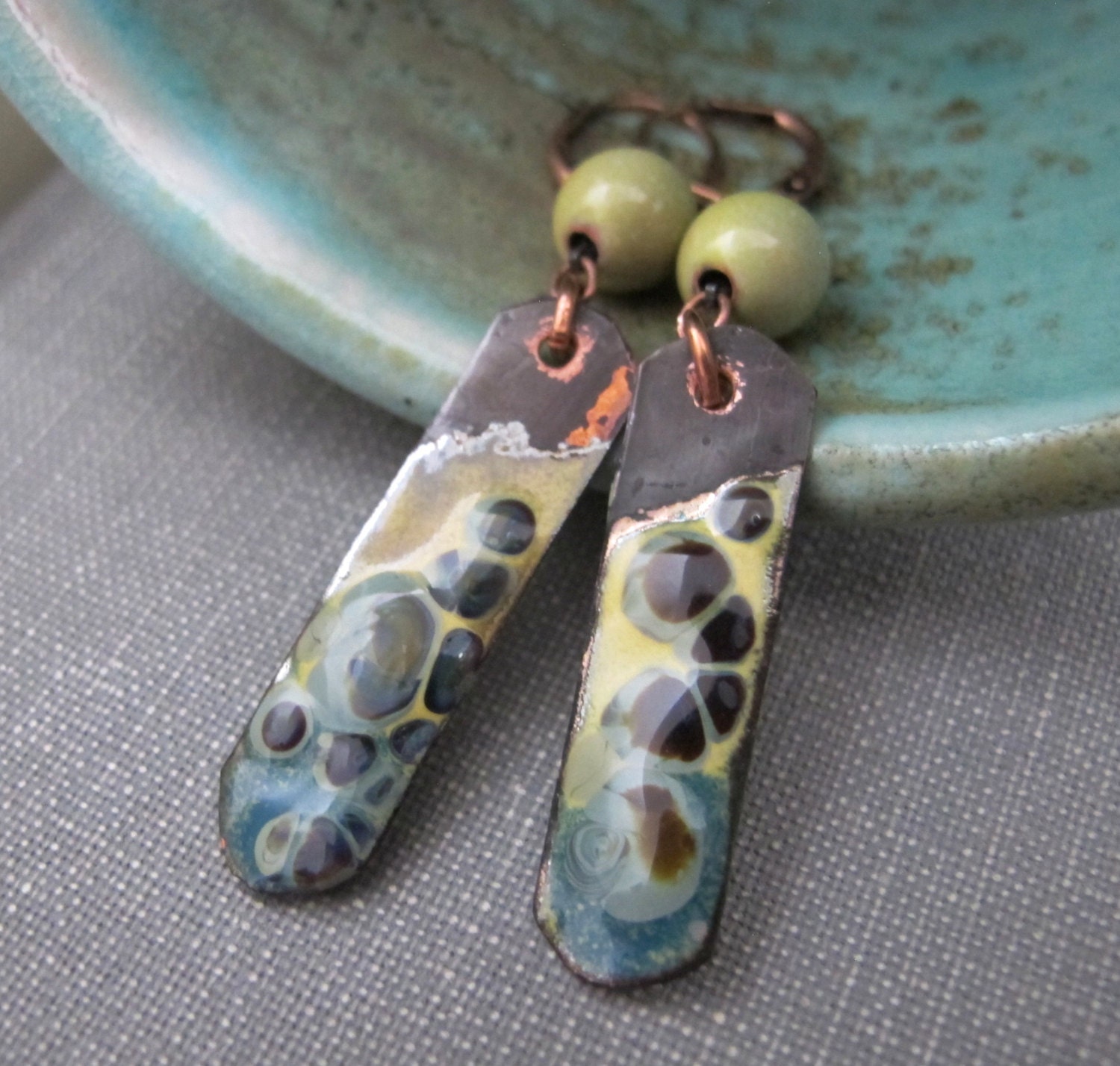 Earthy Earrings, Enameled Earrings, Copper Earrings, Yellow Green, Blue ...