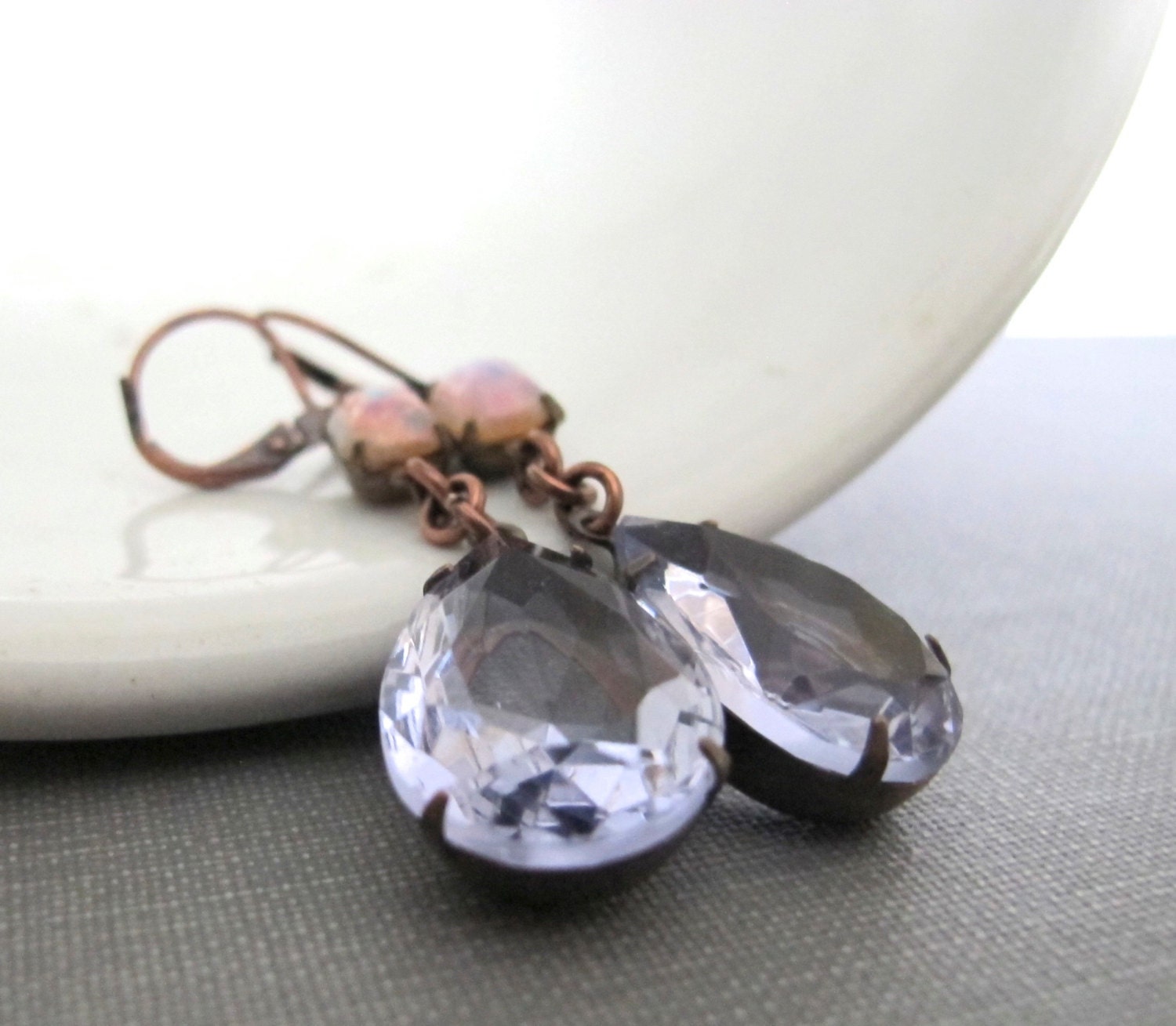 Rhinestone Earrings, Copper Earrings, Light Amethyst, Fire Opal Glass ...