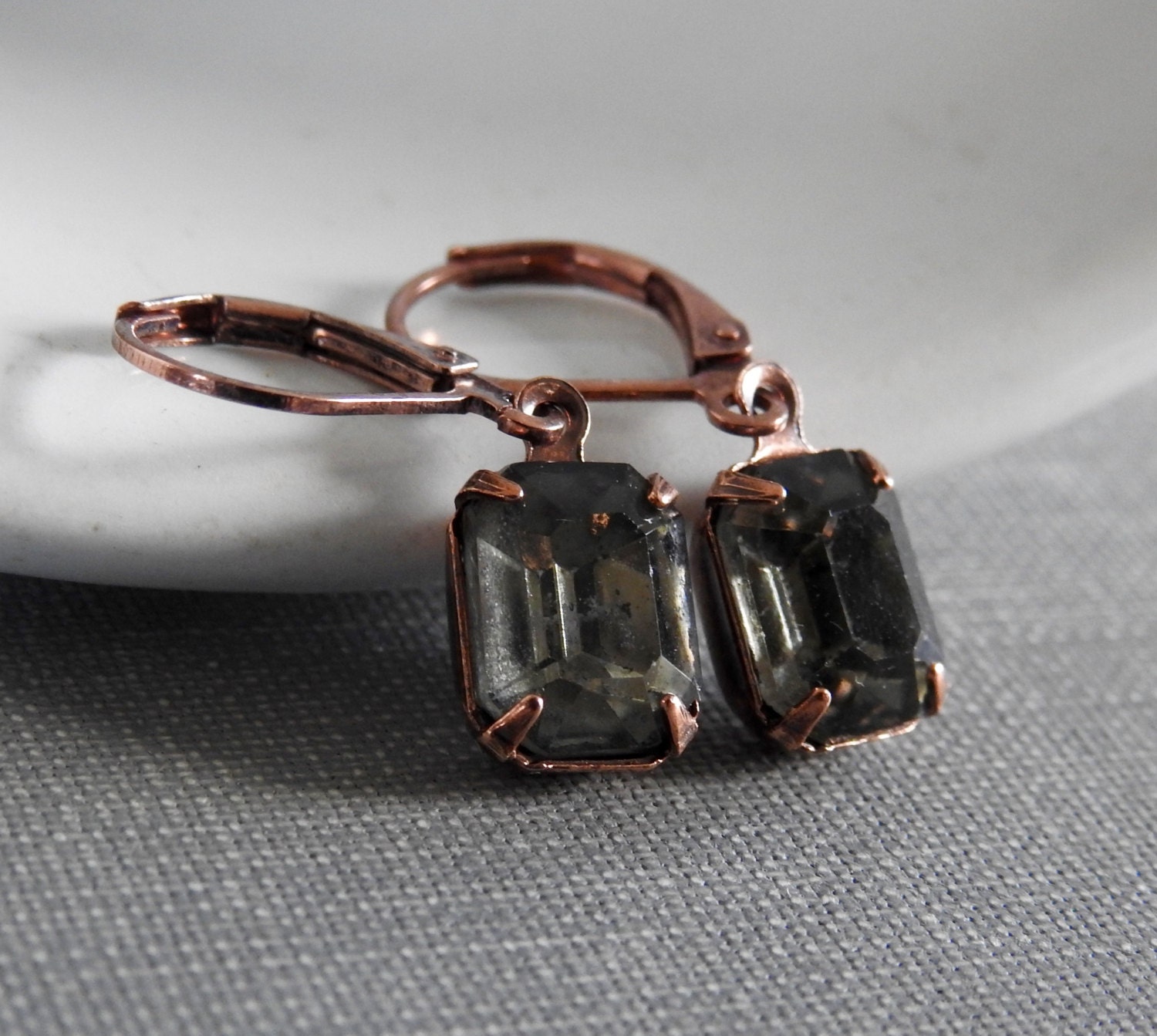 Grey Green Earrings, Copper Earrings, Vintage Rhinestones, Black ...