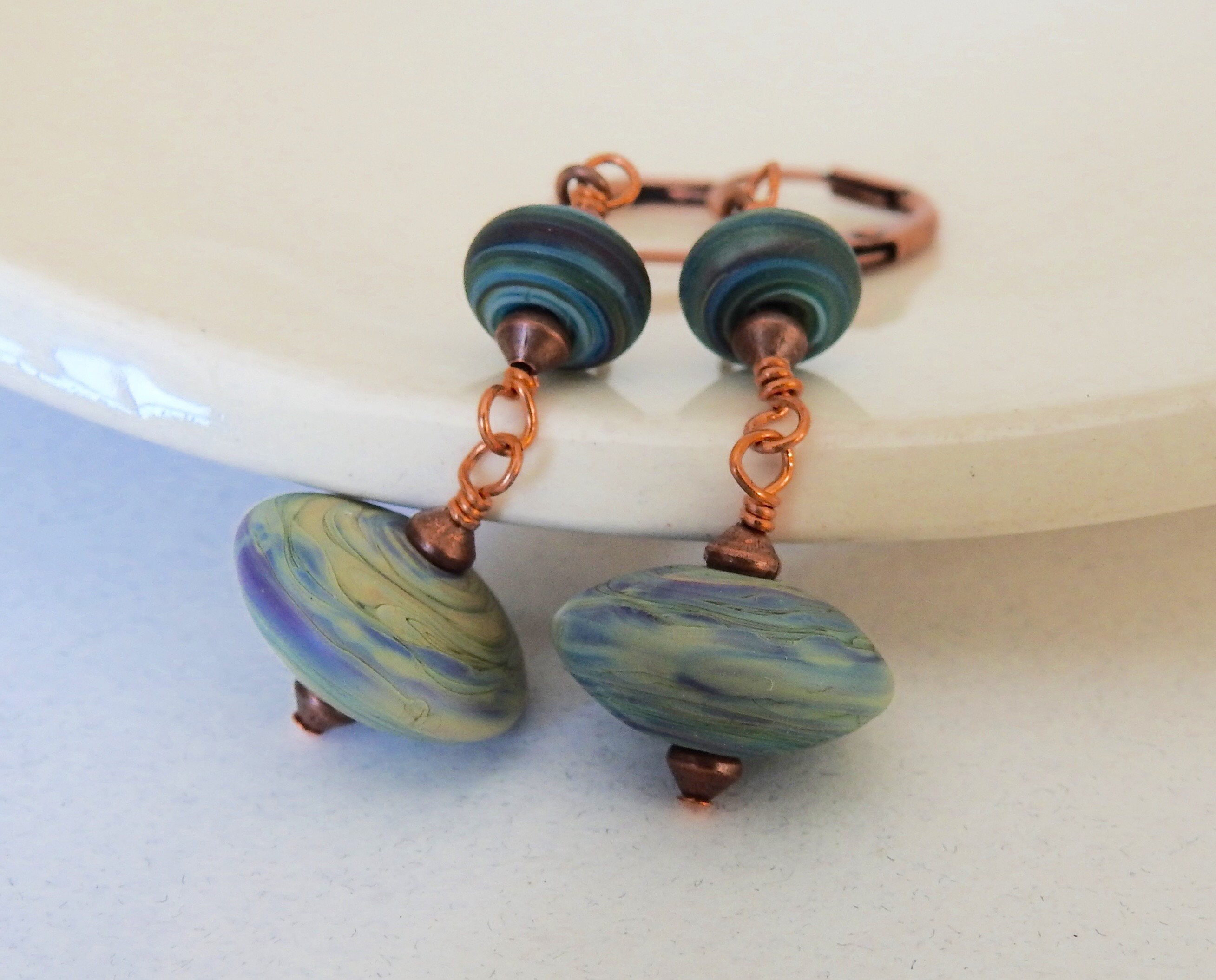 Glass Earrings, Blue Green Earrings, Copper Earrings, Lampwork Glass ...