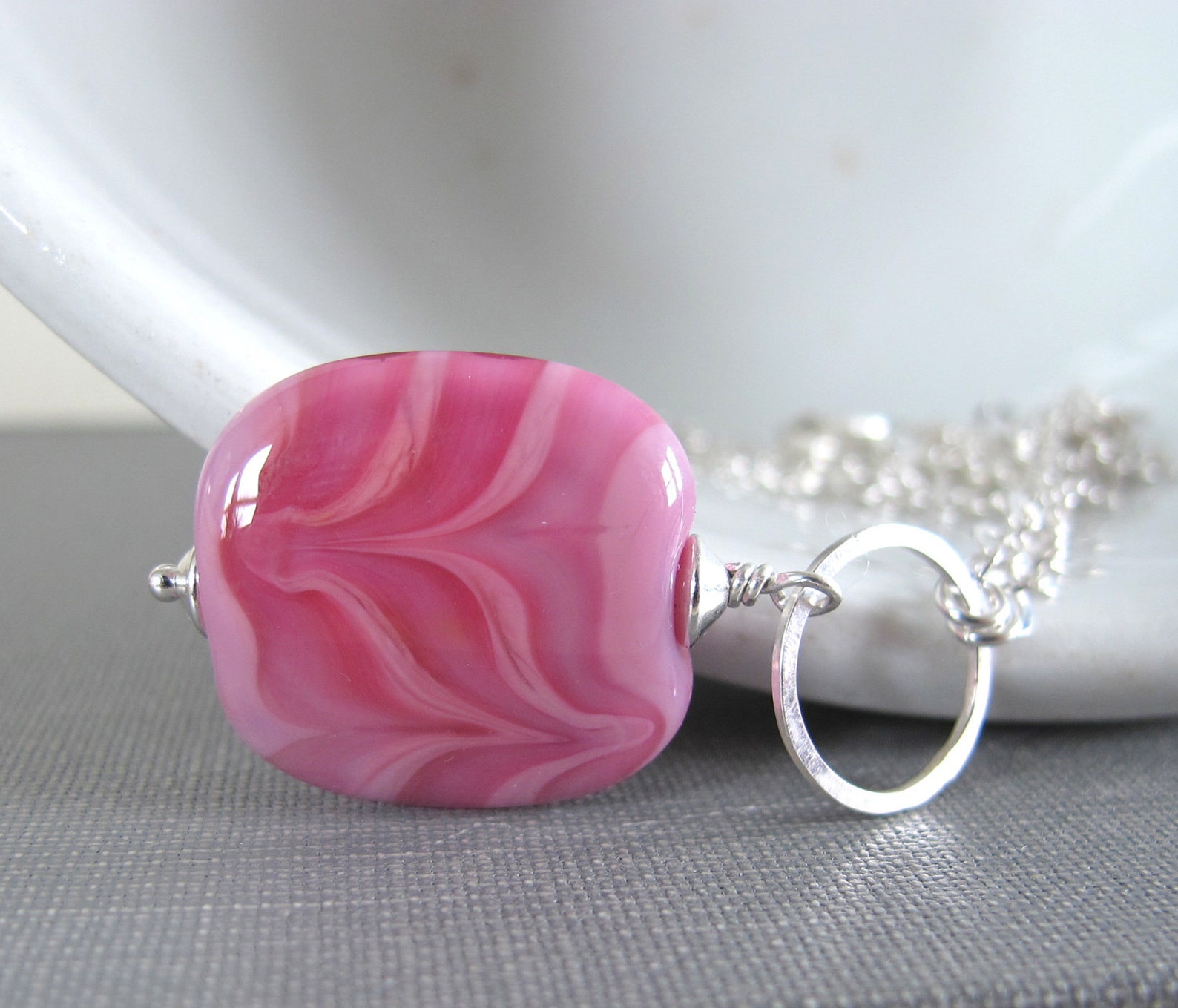 Pink Glass Necklace, Hot Pink Glass, Pale Pink Glass, Silver Necklace ...