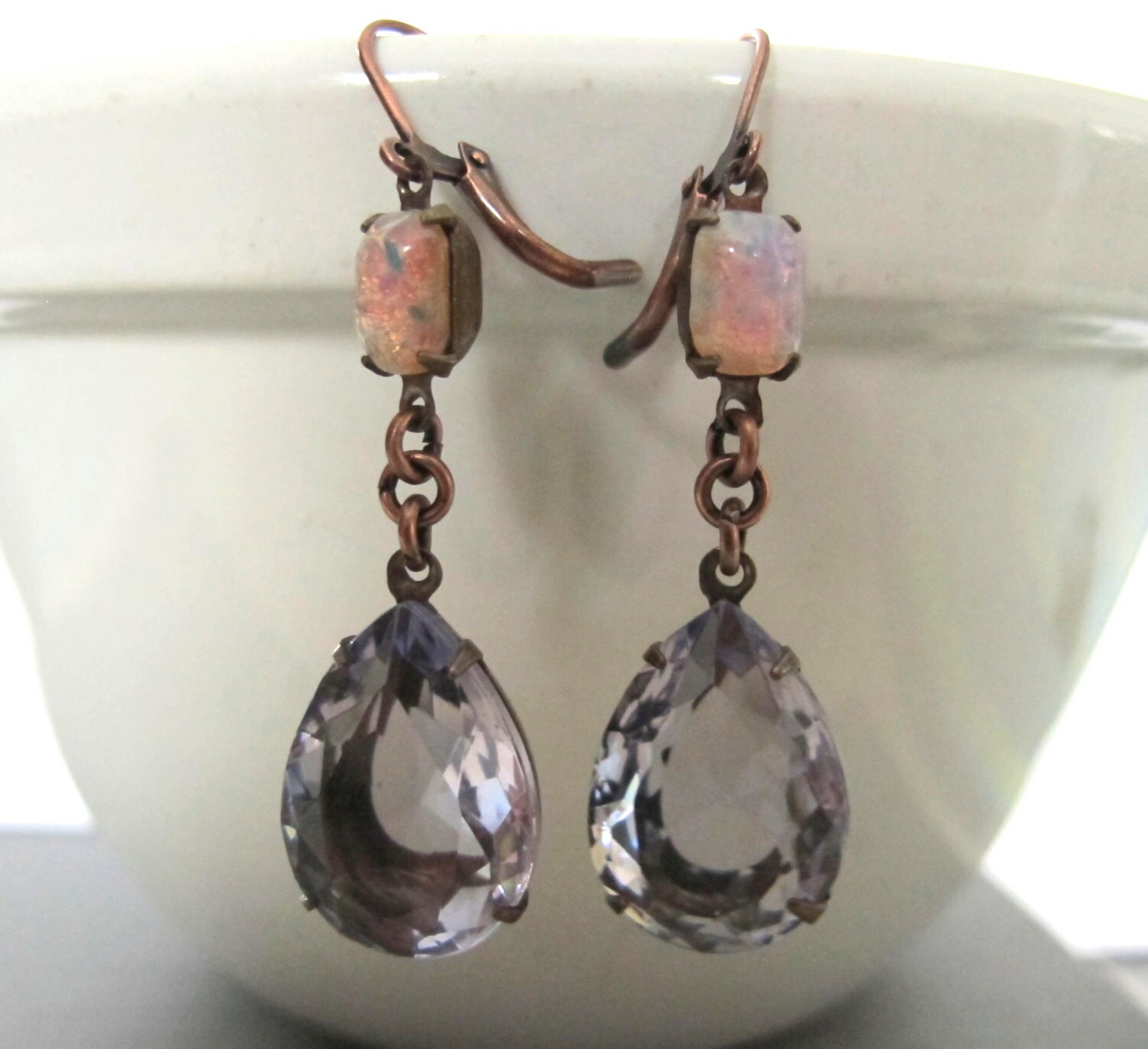 Rhinestone Earrings, Copper Earrings, Light Amethyst, Fire Opal Glass ...