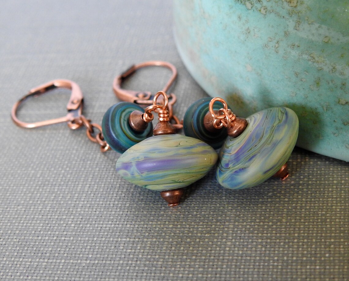 Glass Earrings, Blue Green Earrings, Copper Earrings, Lampwork Glass ...