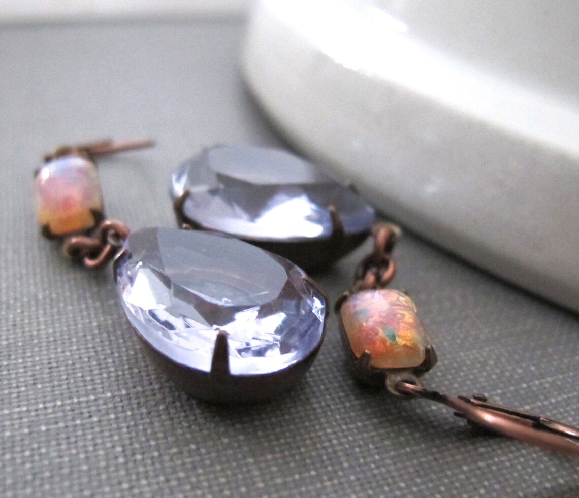 Rhinestone Earrings, Copper Earrings, Light Amethyst, Fire Opal Glass ...