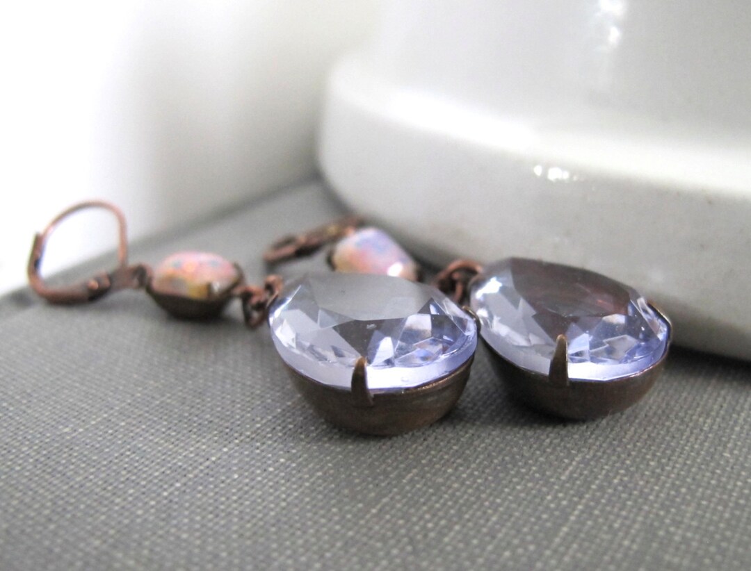 Rhinestone Earrings, Copper Earrings, Light Amethyst, Fire Opal Glass ...