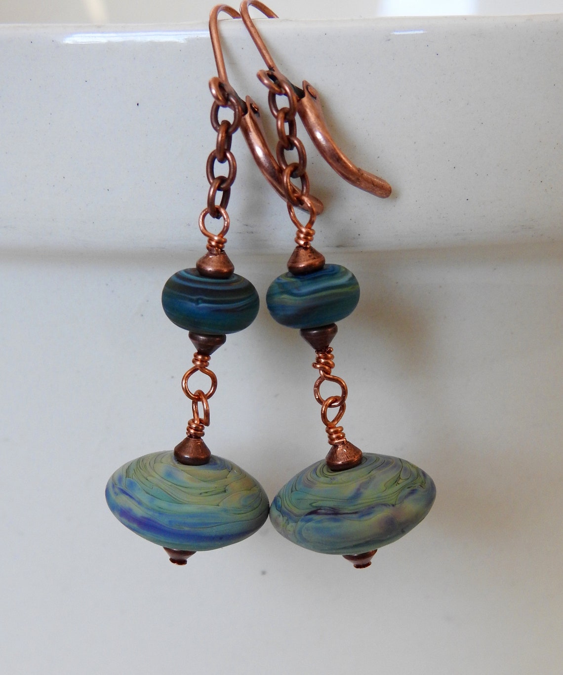 Glass Earrings, Blue Green Earrings, Copper Earrings, Lampwork Glass ...