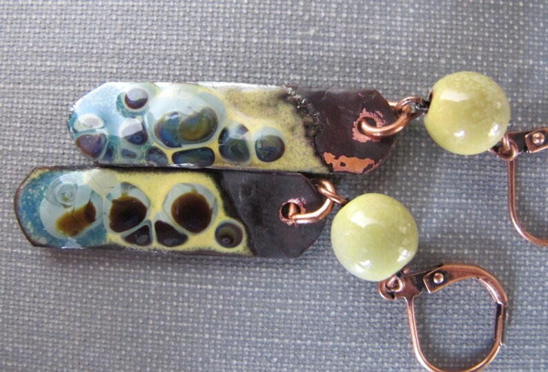 Earthy Earrings, Enameled Earrings, Copper Earrings, Yellow Green, Blue ...