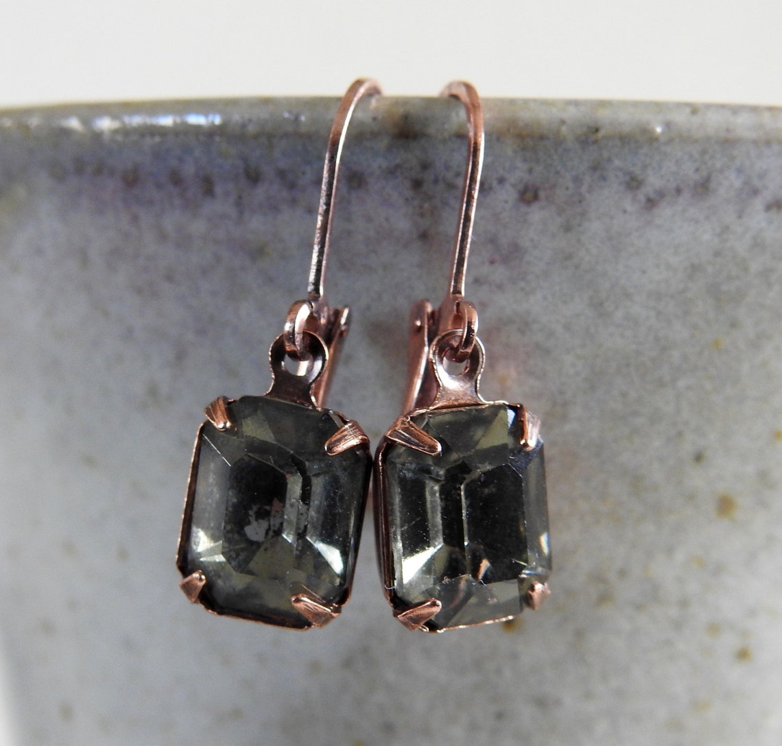 Grey Green Earrings, Copper Earrings, Vintage Rhinestones, Black ...