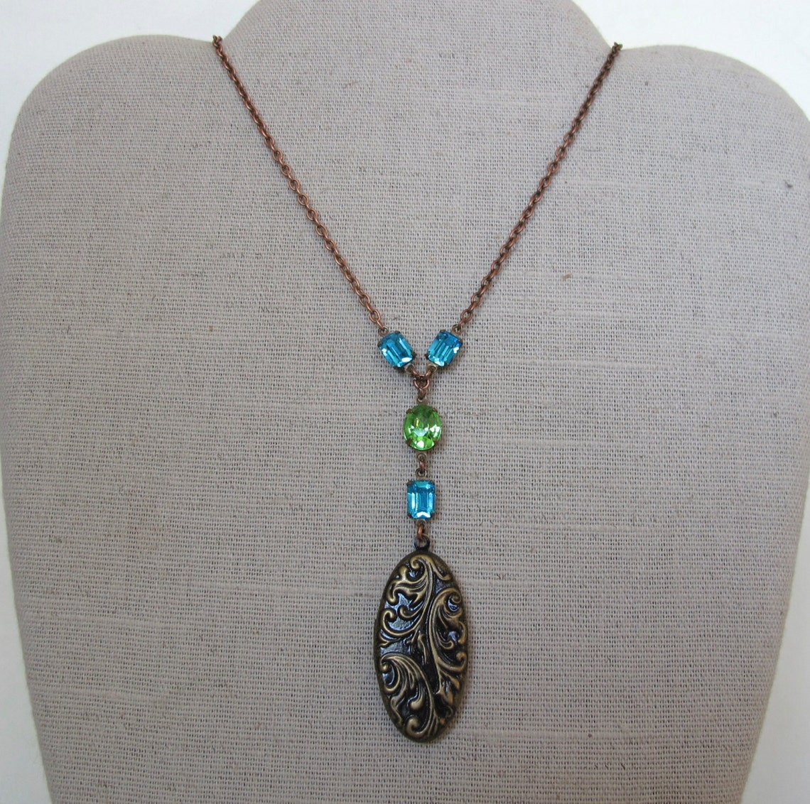 Locket Necklace, Oval Locket, Chain Necklace, Copper Chain, Rhinestone ...