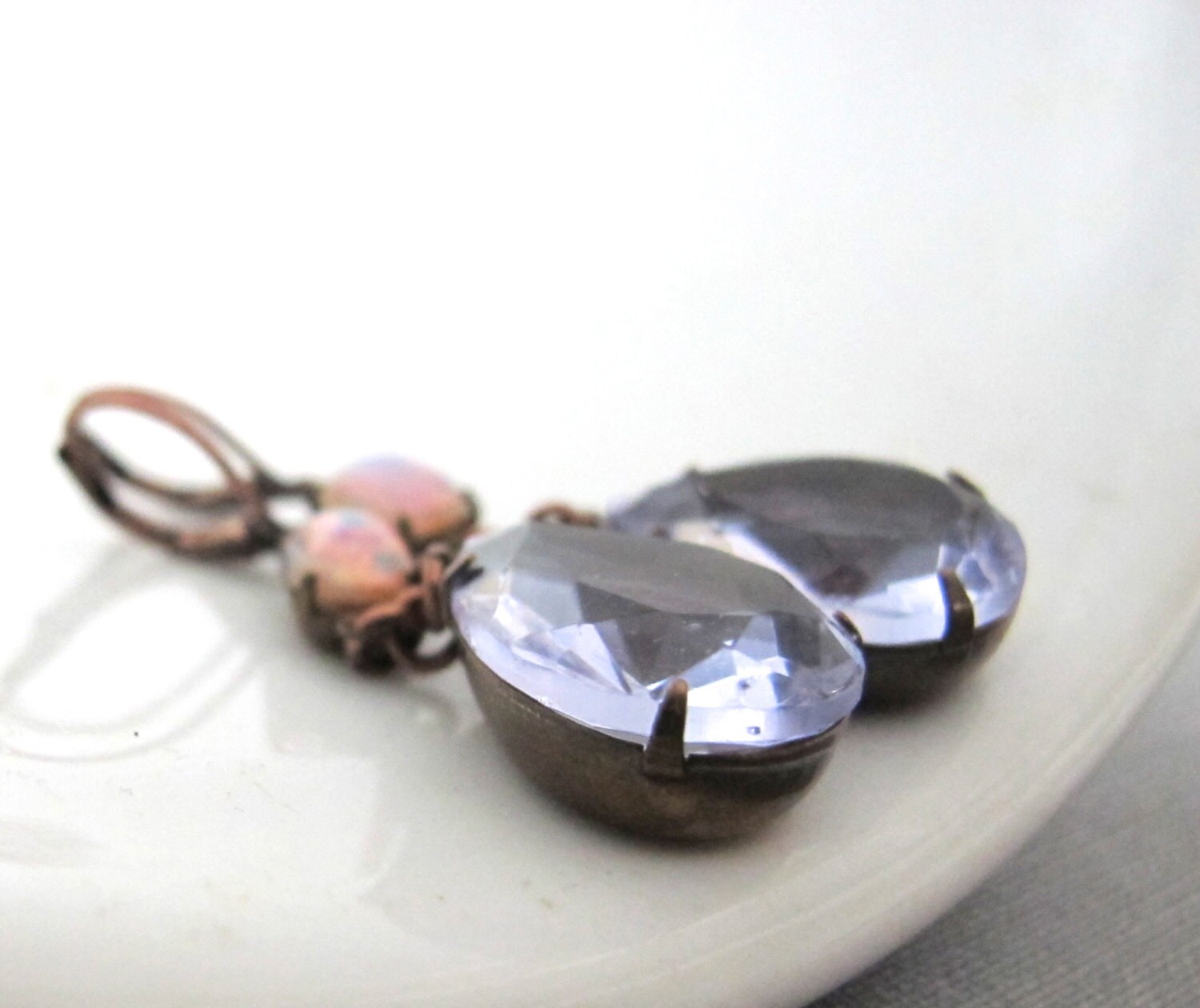 Rhinestone Earrings, Copper Earrings, Light Amethyst, Fire Opal Glass ...