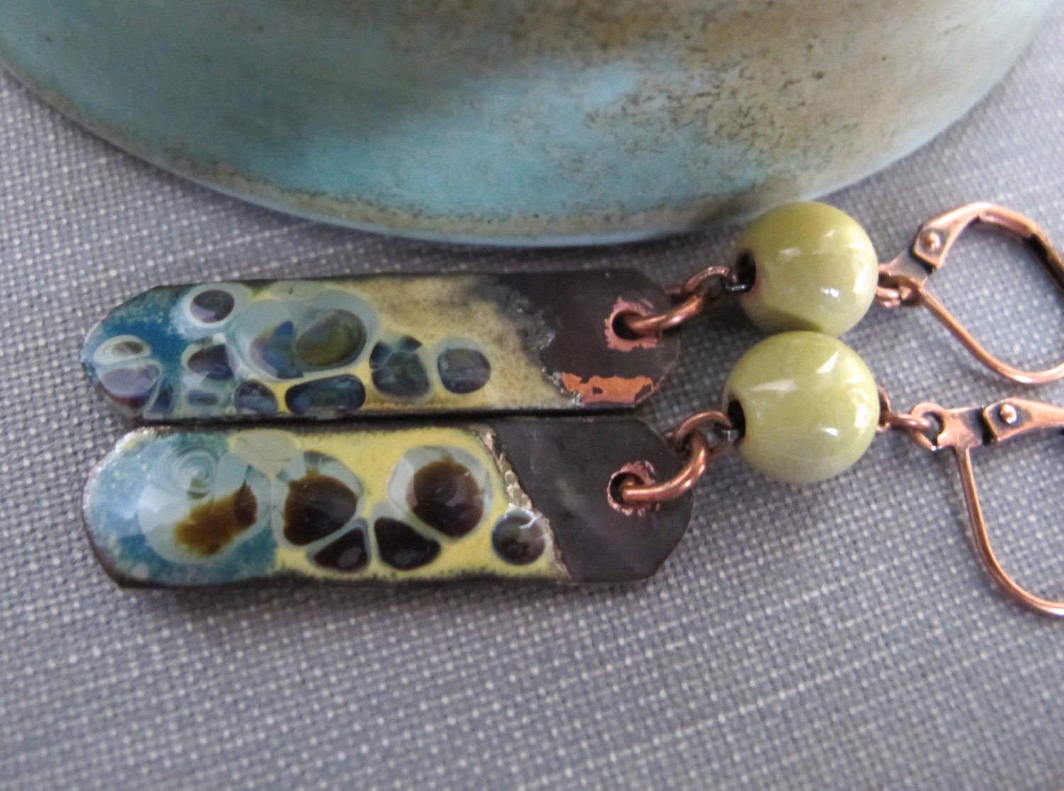Earthy Earrings, Enameled Earrings, Copper Earrings, Yellow Green, Blue ...