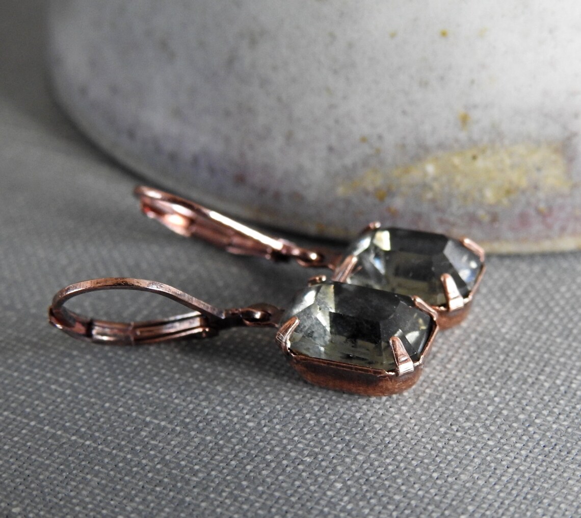 Grey Green Earrings, Copper Earrings, Vintage Rhinestones, Black ...