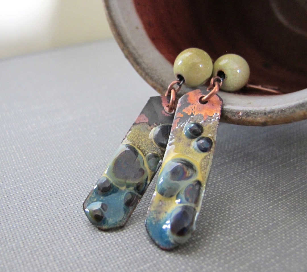 Earthy Earrings, Enameled Earrings, Copper Earrings, Yellow Green, Blue ...
