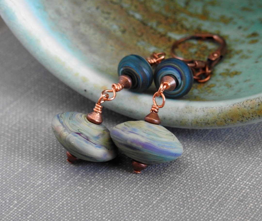 Glass Earrings, Blue Green Earrings, Copper Earrings, Lampwork Glass ...
