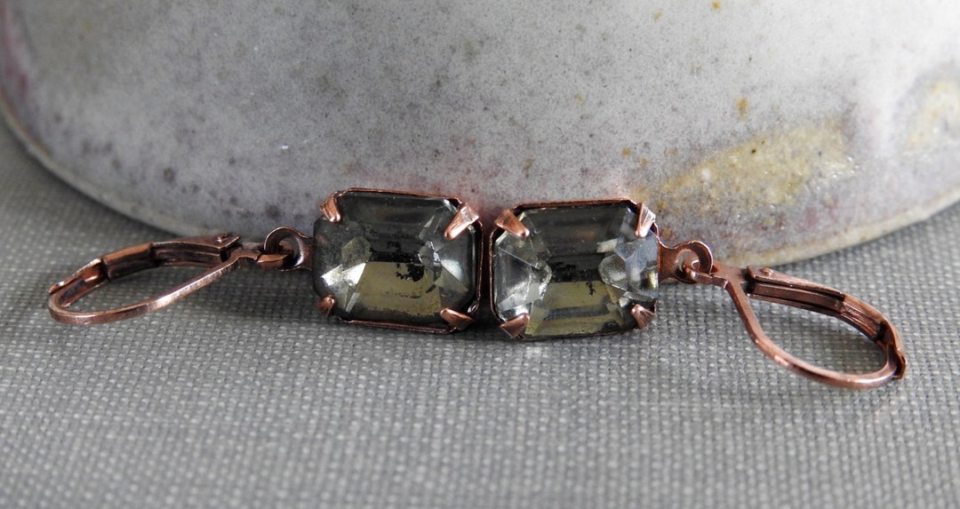 Grey Green Earrings, Copper Earrings, Vintage Rhinestones, Black ...