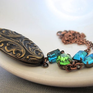 Locket Necklace, Oval Locket, Chain Necklace, Copper Chain, Rhinestone ...